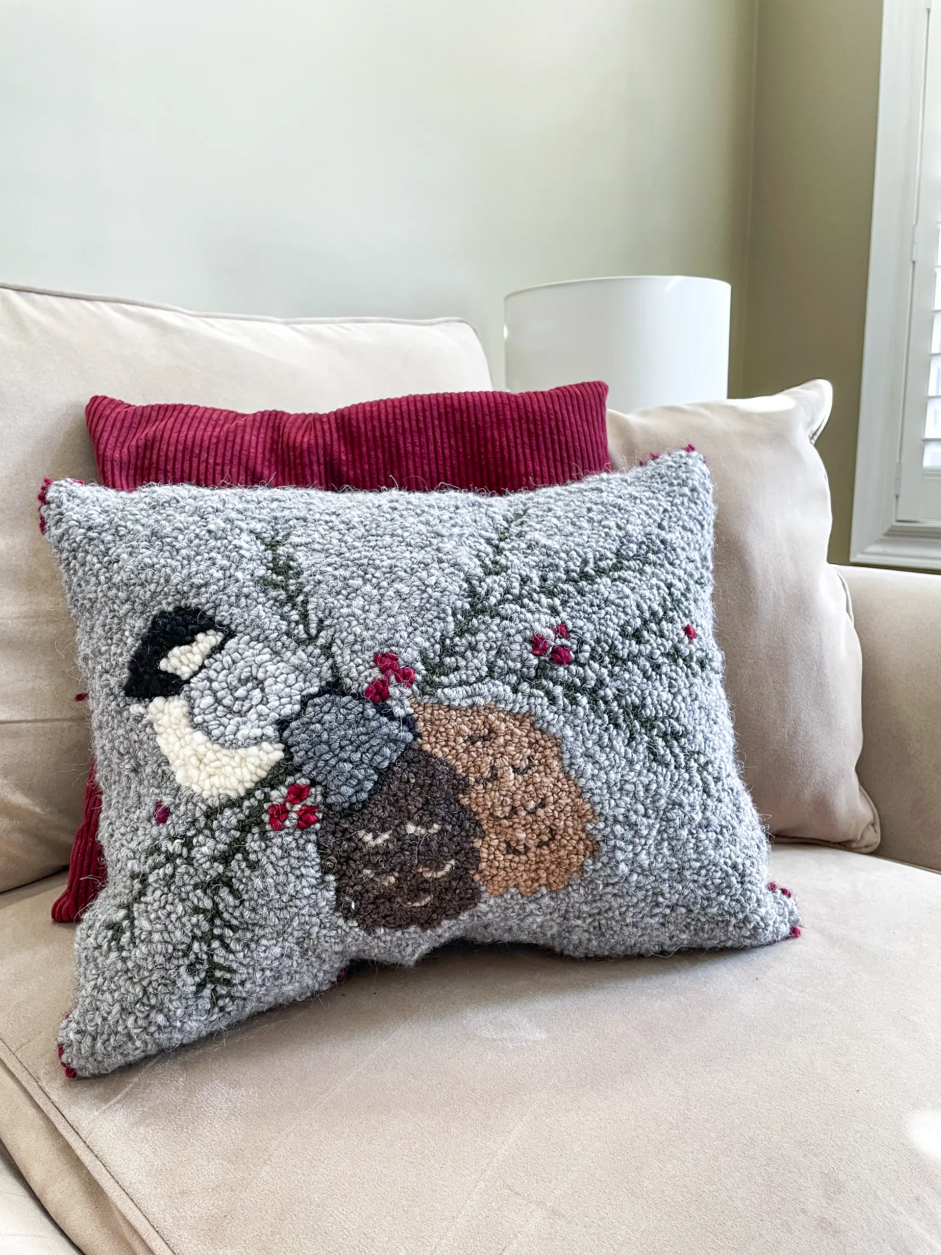 Chickadee in the Pine Tree Rug Hooked Cushion